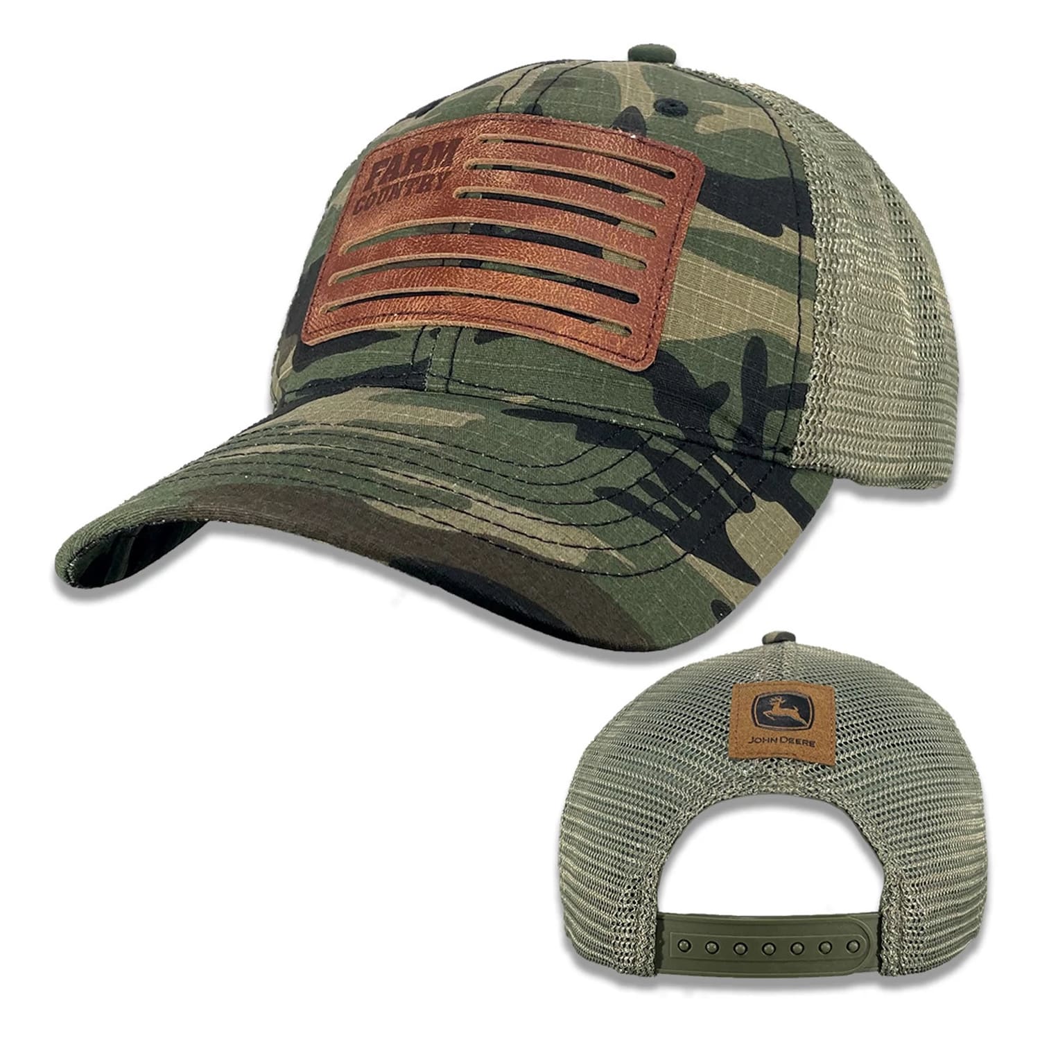 John Deere Traditional Camo with Leather Flag Mesh Cap - Hats, Caps ...